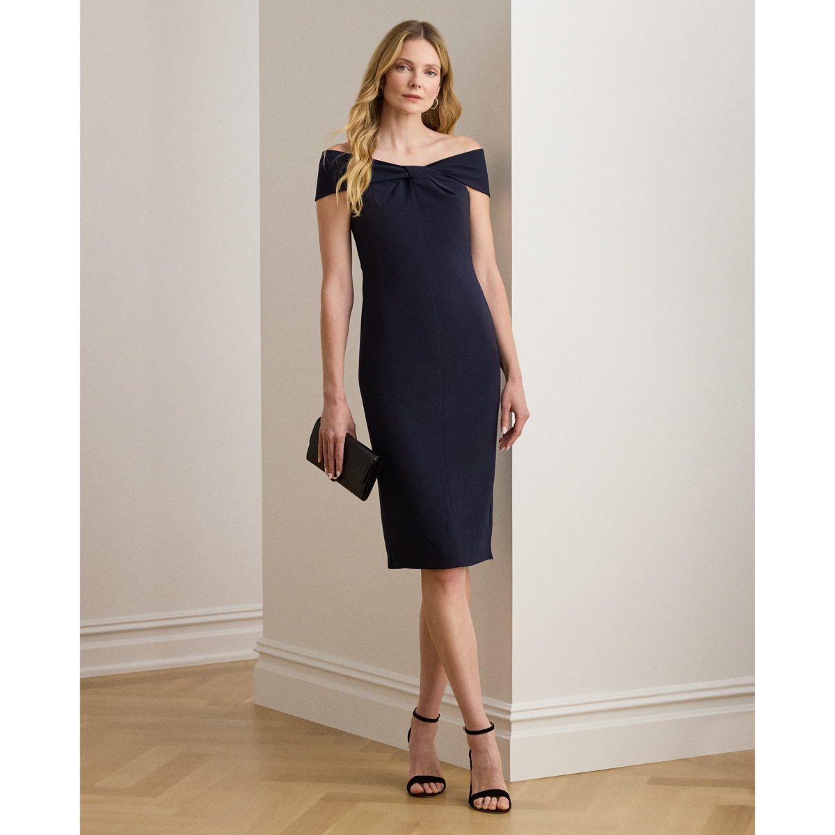 RALPH LAUREN Ralph Lauren Twist-Front Off-the-Shoulder Crepe Sheath Dress
